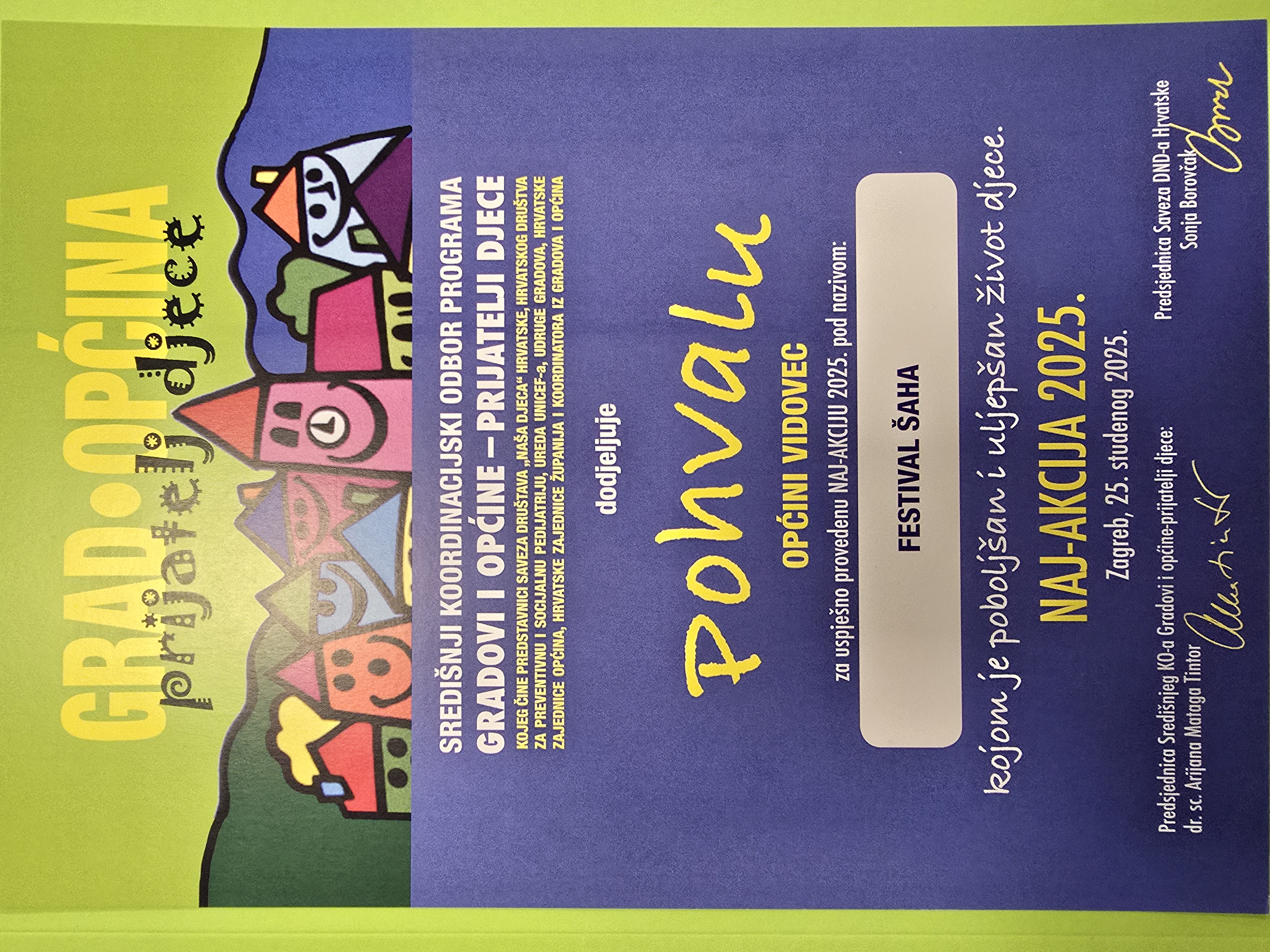 Općini Vidovec dodijeljena pohvala za NAJ-AKCIJU u 2025. godini